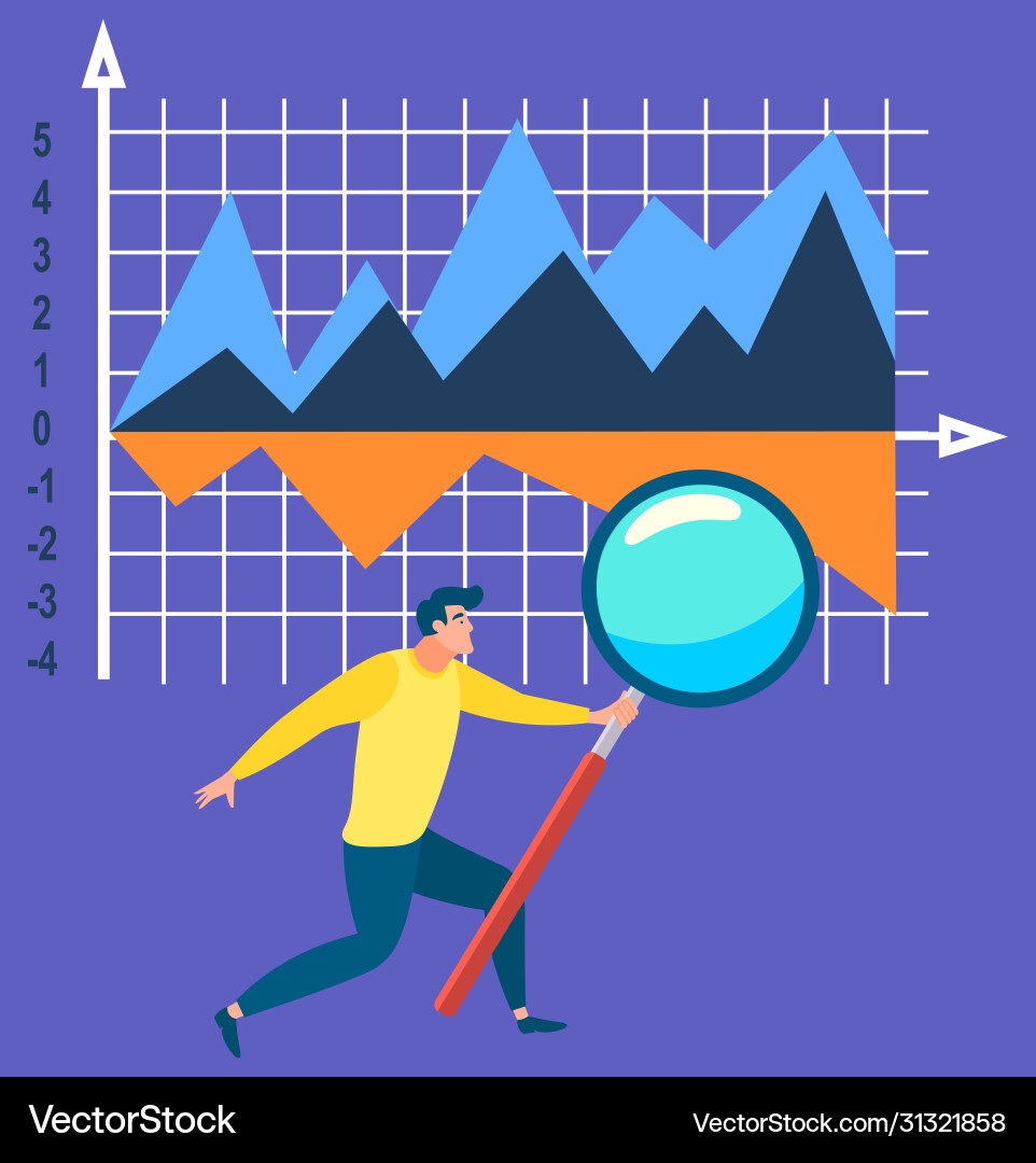 Man look at statistics chart with magnifying glass