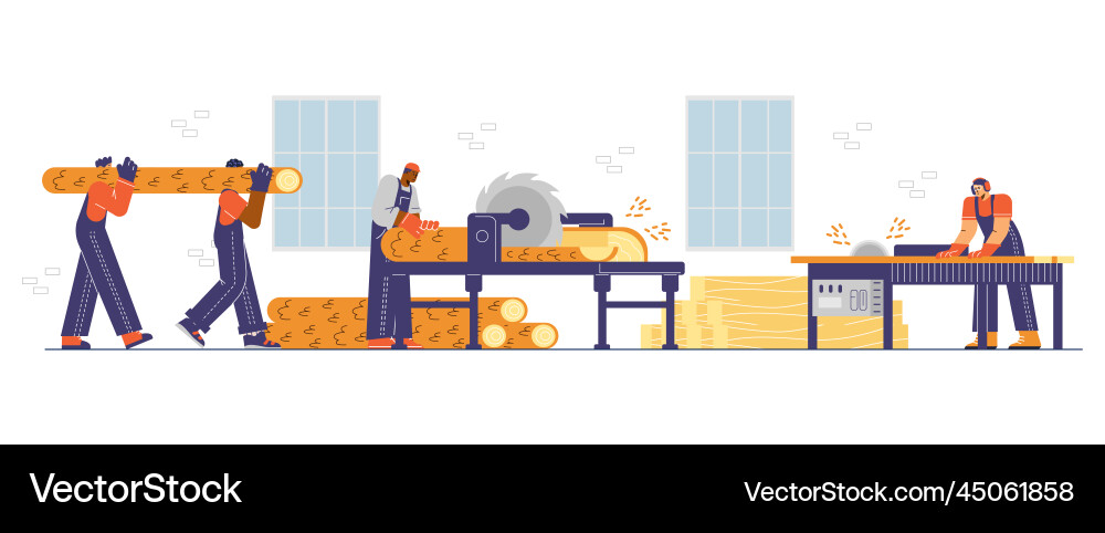 Sawmill machinery and workers cutting logs flat Vector Image
