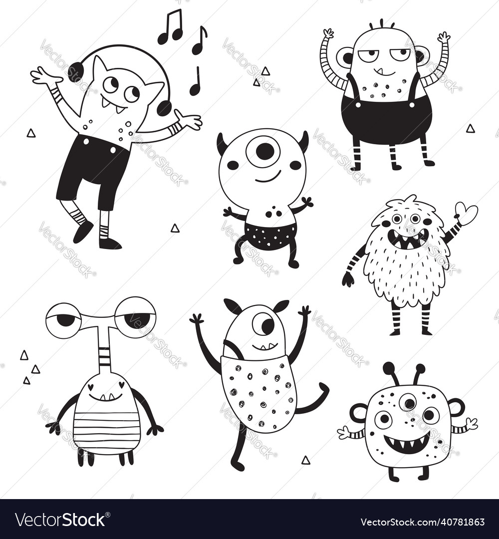 Cute set of black and white monsters Royalty Free Vector