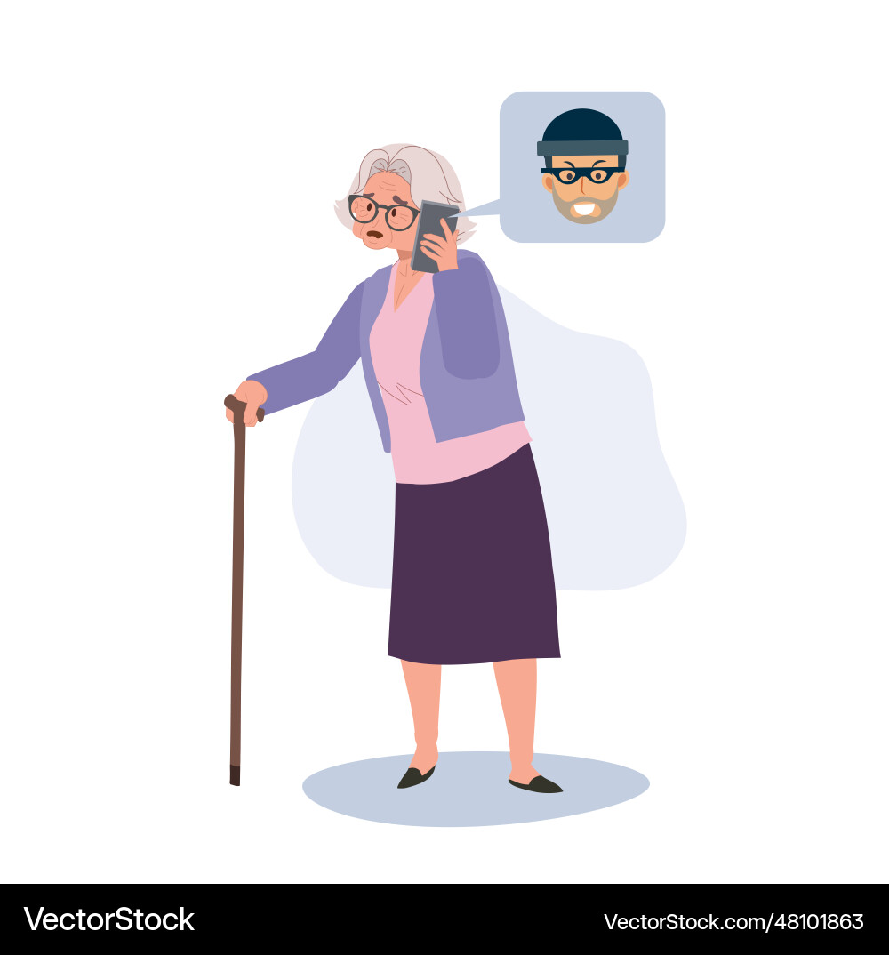 Deceptive scammer tryo to tricks elderly woman Vector Image