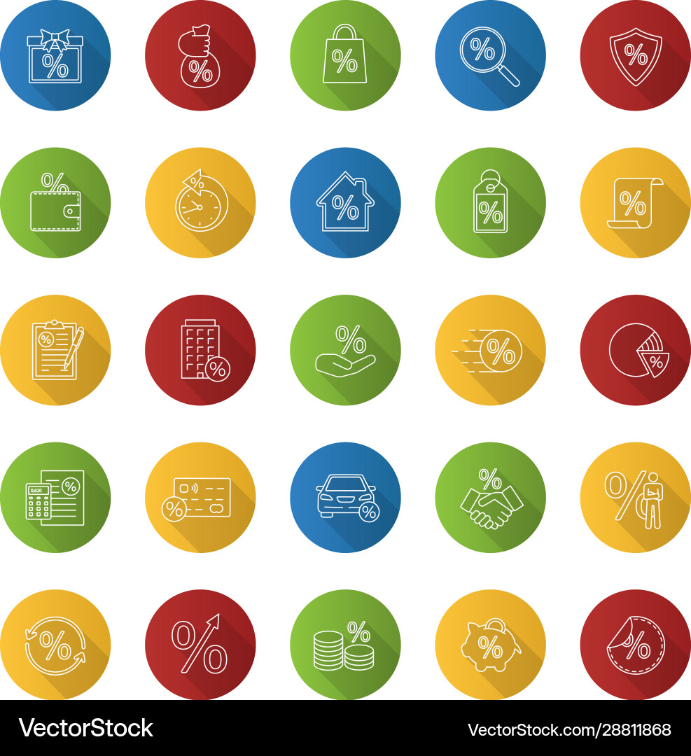 Percents flat linear long shadow icons set Vector Image
