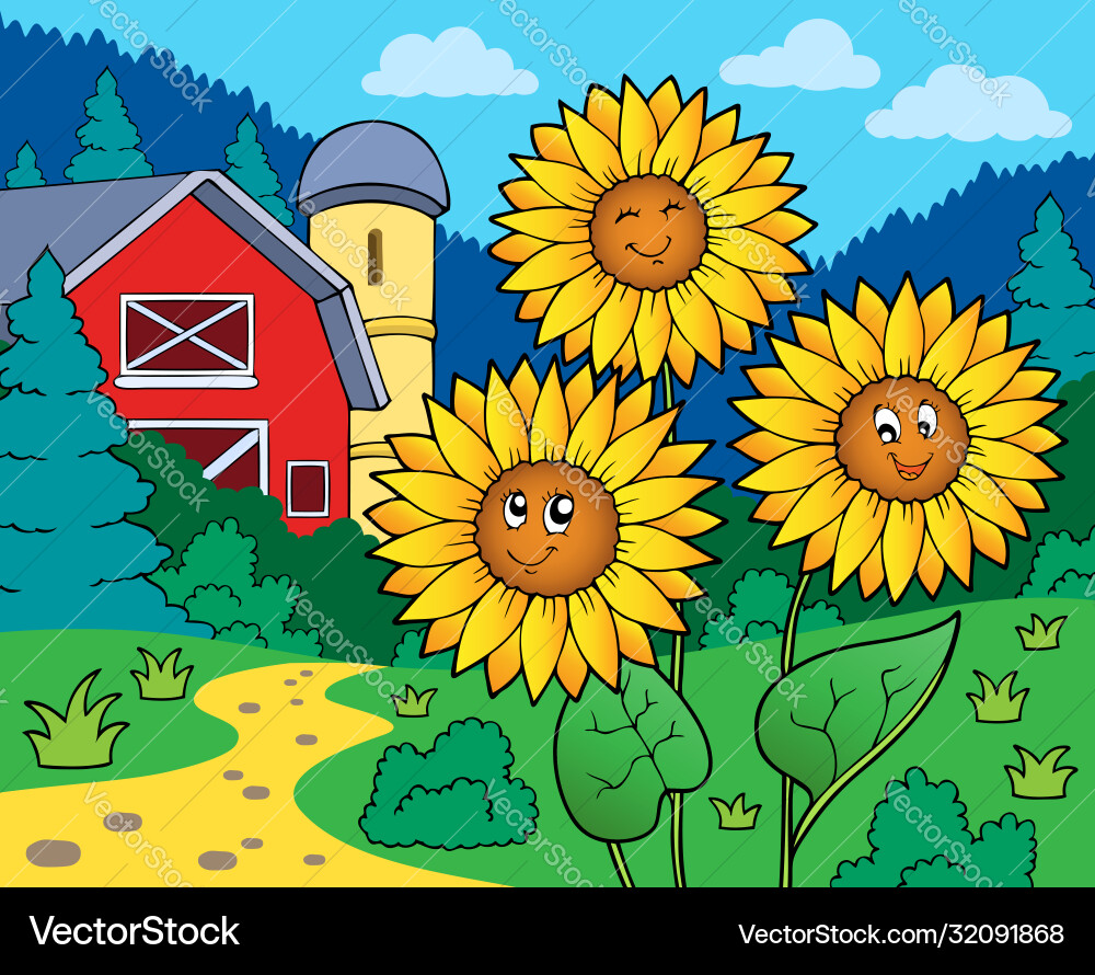 Sunflowers near farm Royalty Free Vector Image