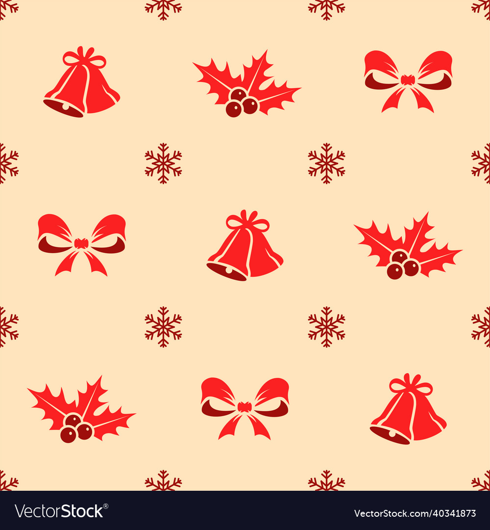 Christmas seamless pattern holly bow bell Vector Image