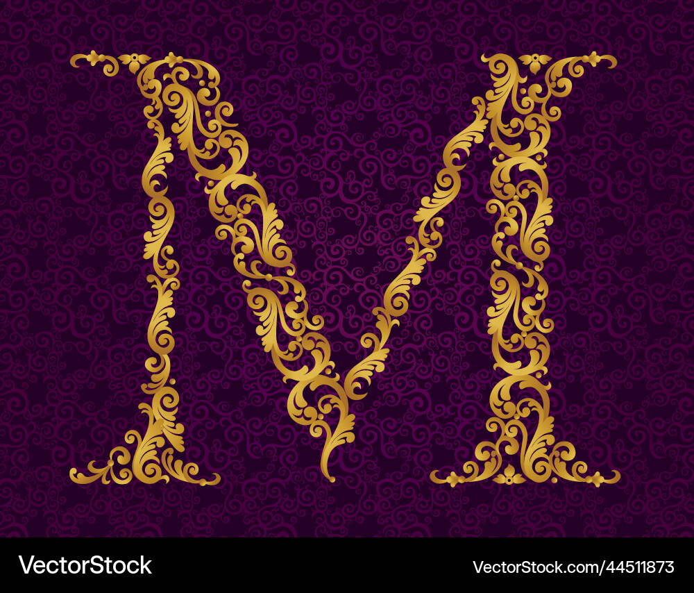 Gold font type letter m uppercase Royalty Free Vector Image