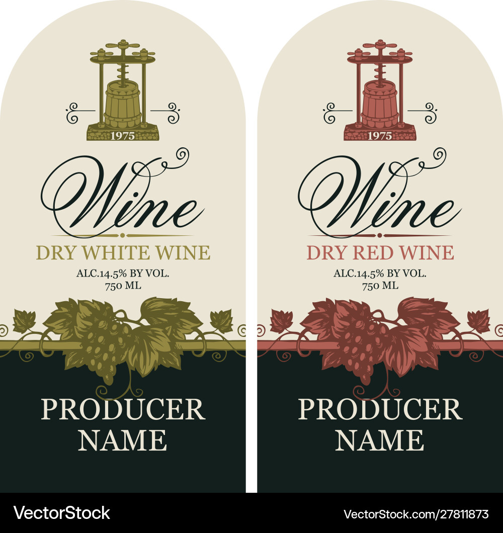 Wine labels with grape bunches and press Vector Image