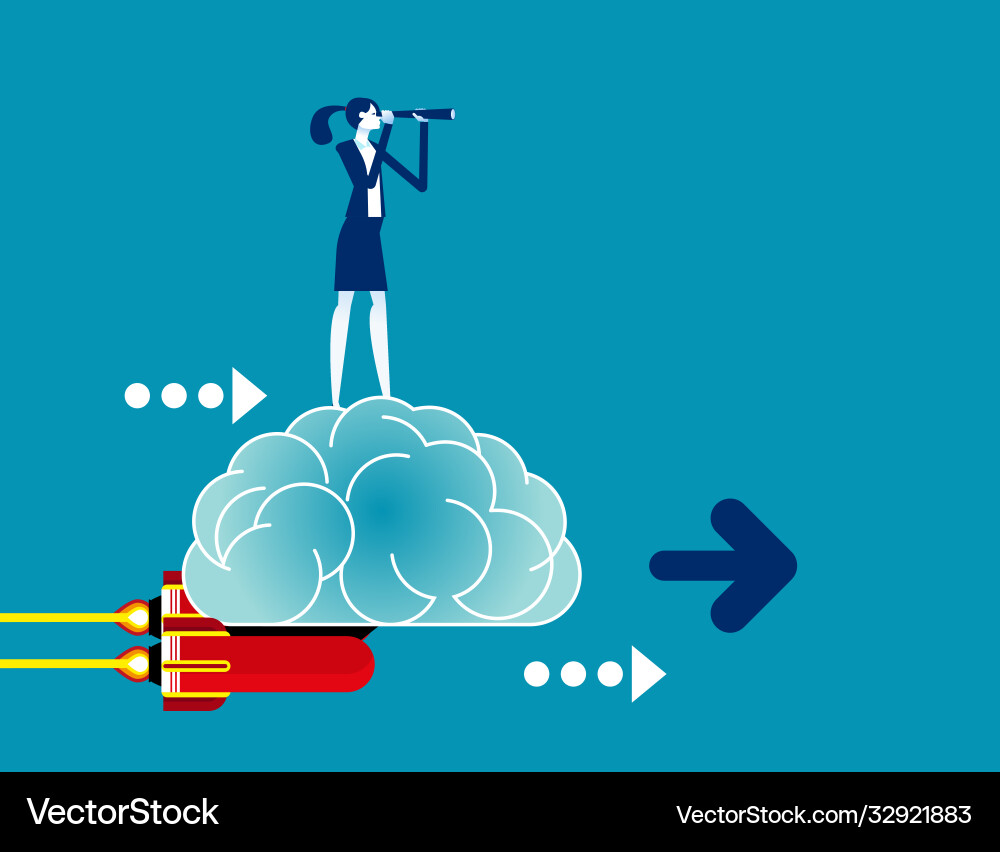 Businesswoman stand on powered brain while Vector Image