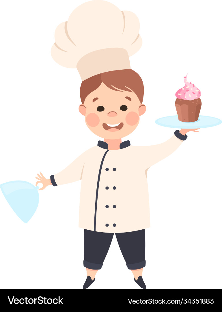 Cute boy chef cook holding platter with cupcake Vector Image
