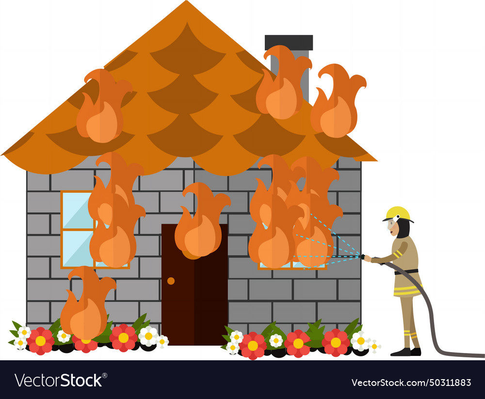 Firefighter extinguishing burning house Royalty Free Vector