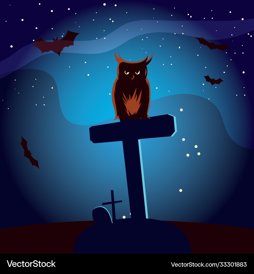 Halloween cartoon on grave with bats Royalty Free Vector