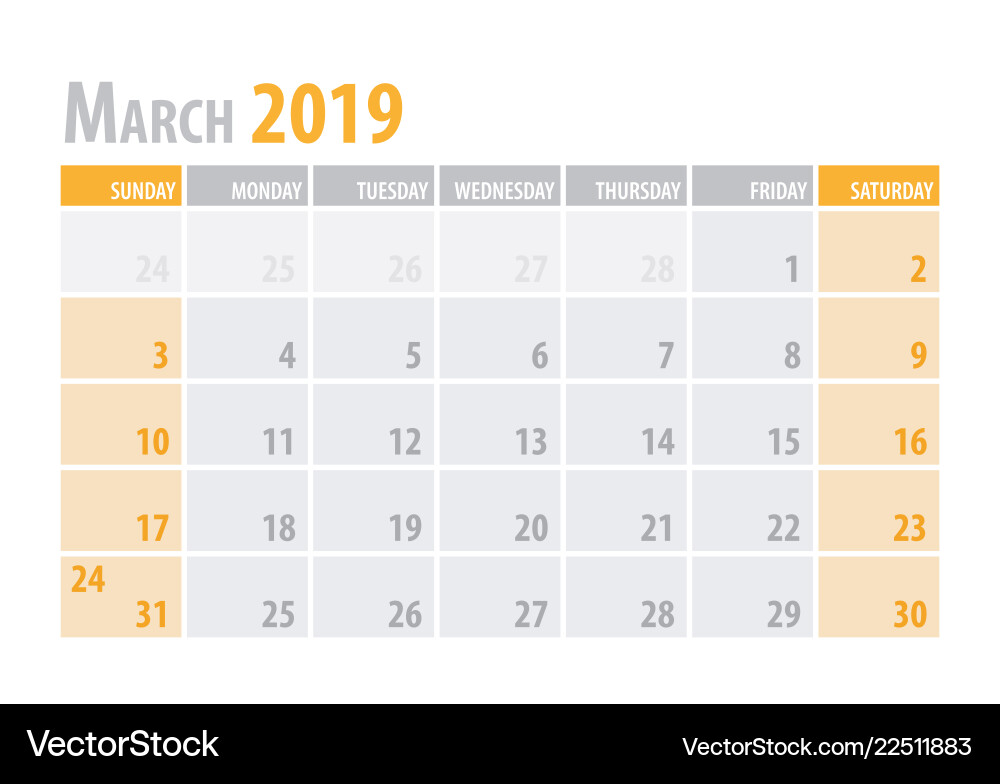 March calendar planner 2019 in clean minimal Vector Image