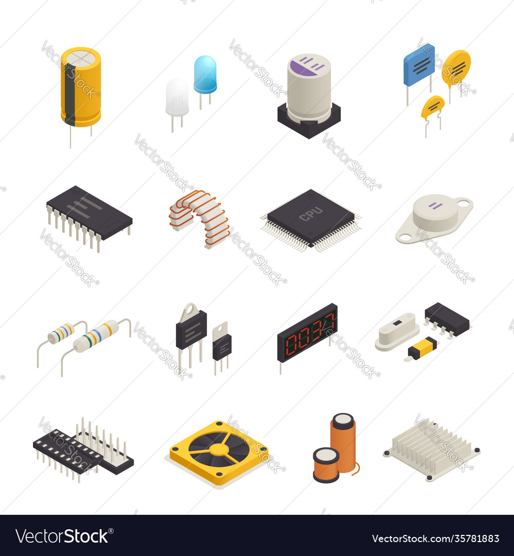 Semiconductor electronic components isometric set Vector Image