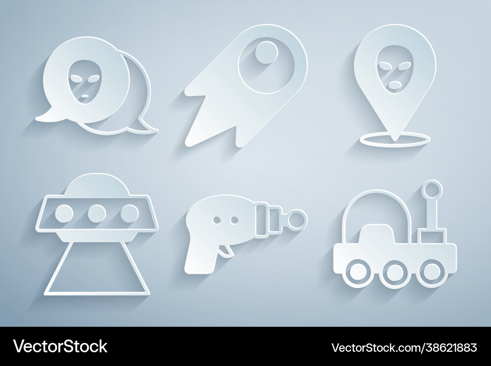 Set ray gun alien ufo flying spaceship mars Vector Image