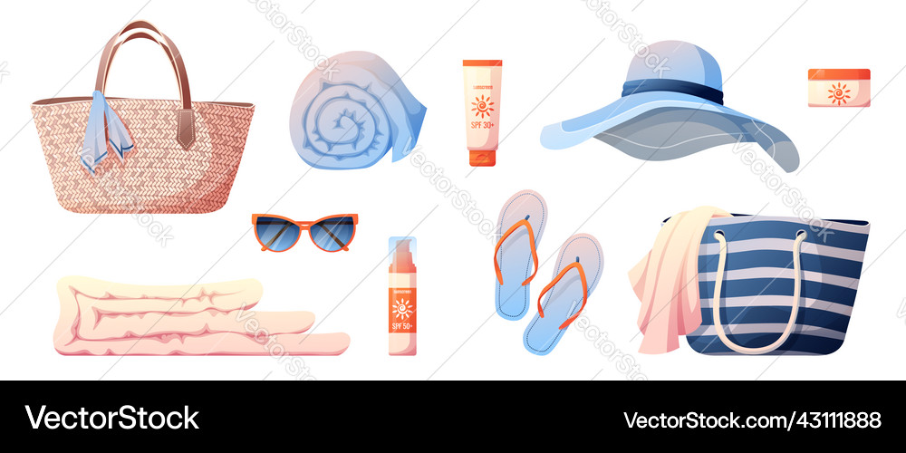 A set of beach thingsbeach hat bag Royalty Free Vector Image