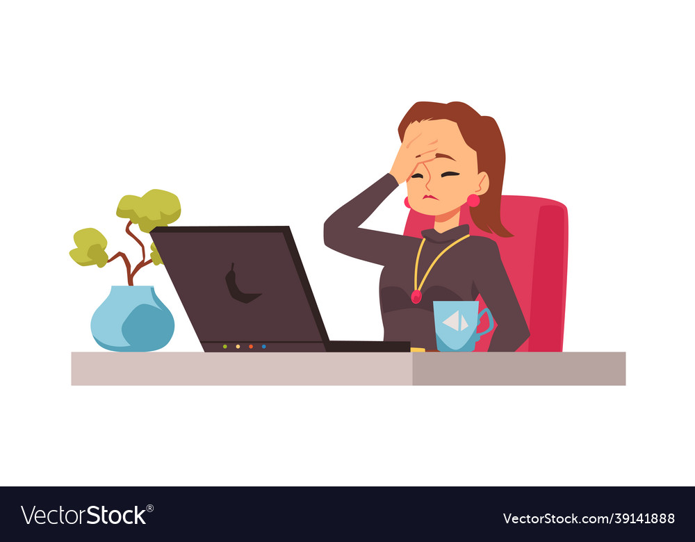 Disappointed embarrassed girl sitting on workplace