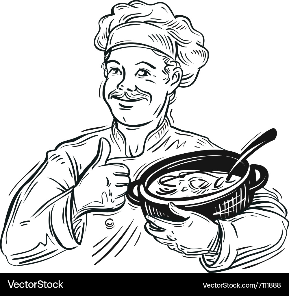 Hand-drawn chef with a pot in his hand Royalty Free Vector