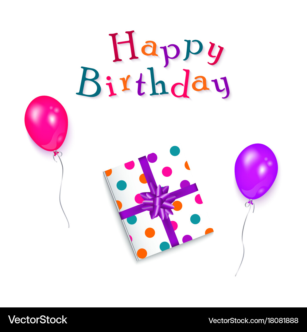 Happy birthday text present box and balloons Vector Image