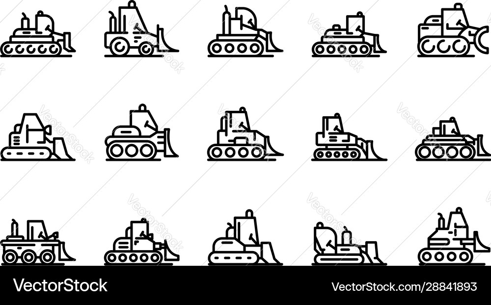 Bulldozer icons set outline style Royalty Free Vector Image