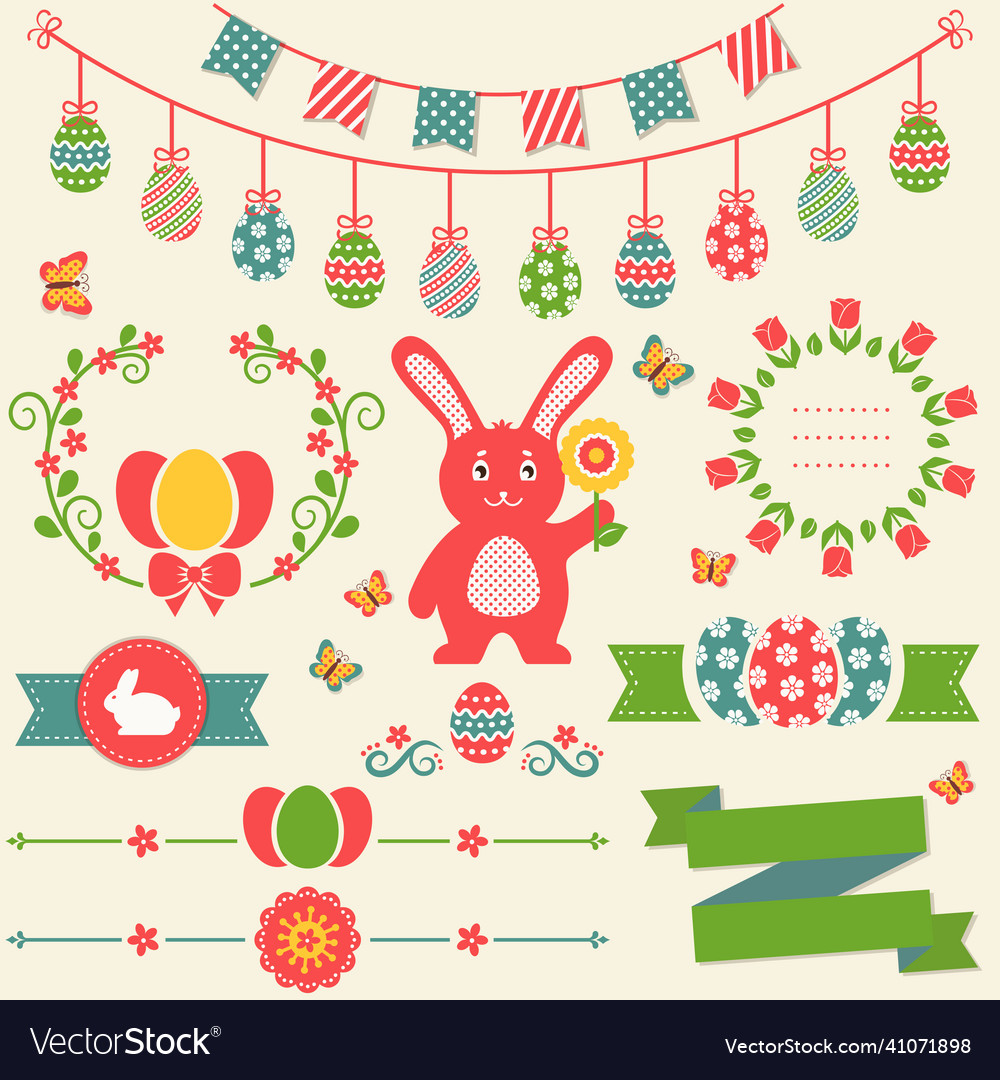 Happy easter retro design elements set Royalty Free Vector