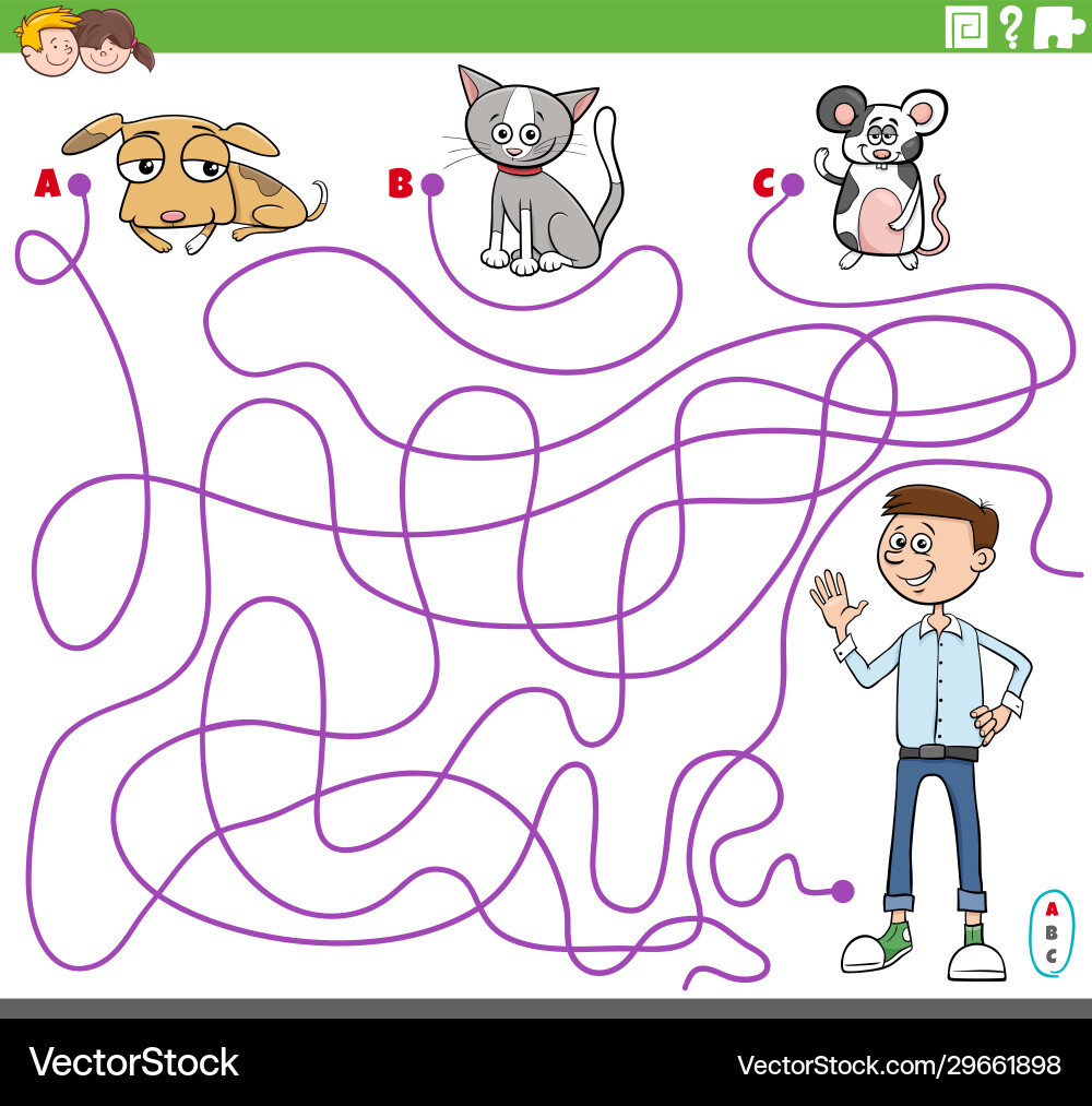 Maze game with boy and pet characters Royalty Free Vector