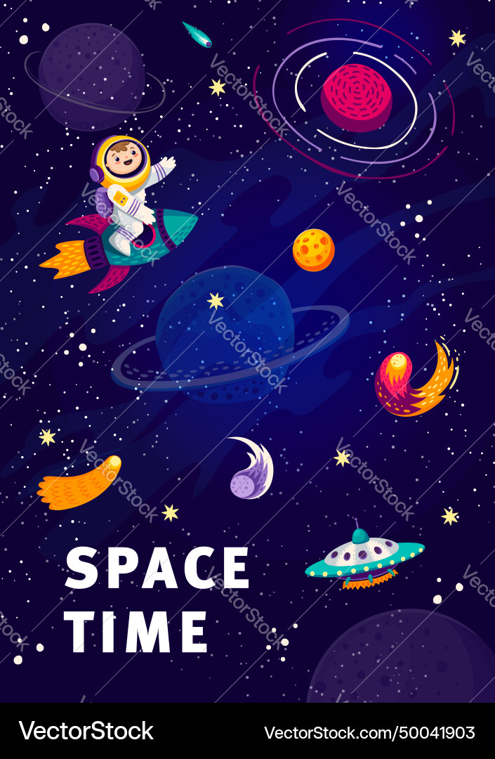 Cartoon spaceman on rocket in starry galaxy Vector Image