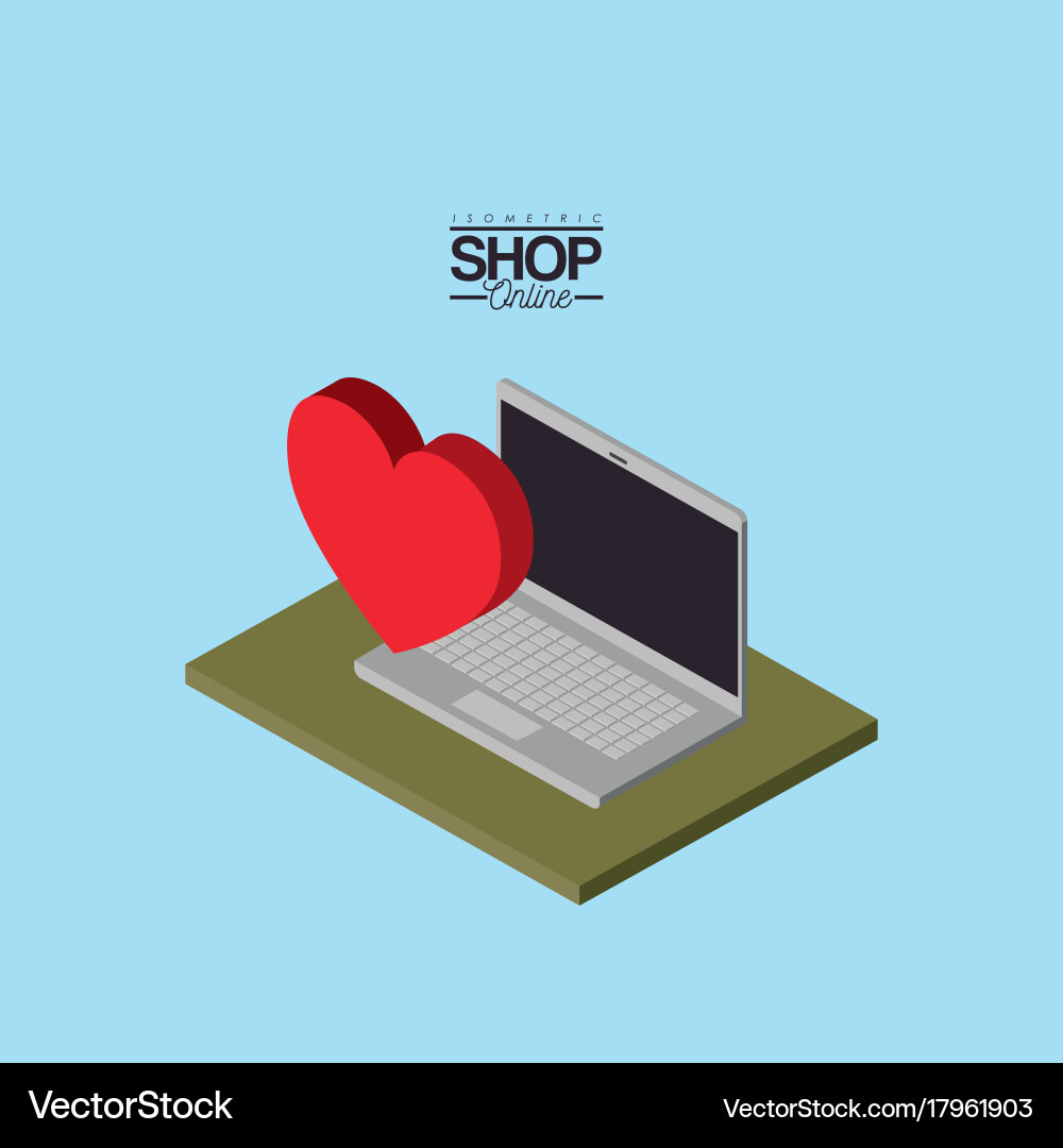 Laptop computer and heart over green floor Vector Image