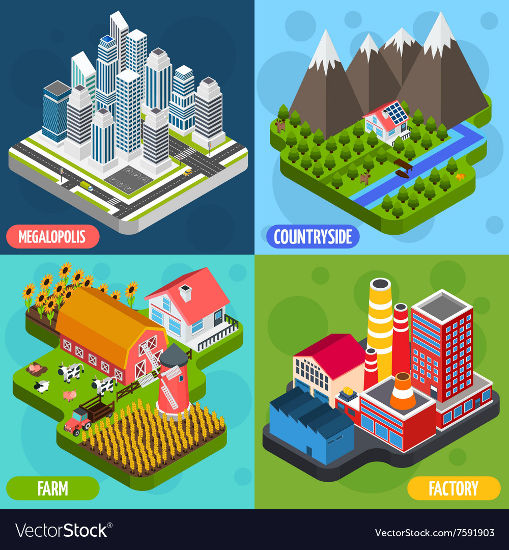 Locations 4 isometric icons square Royalty Free Vector Image Locations 4 isometric icons square Royalty Free Vector Image