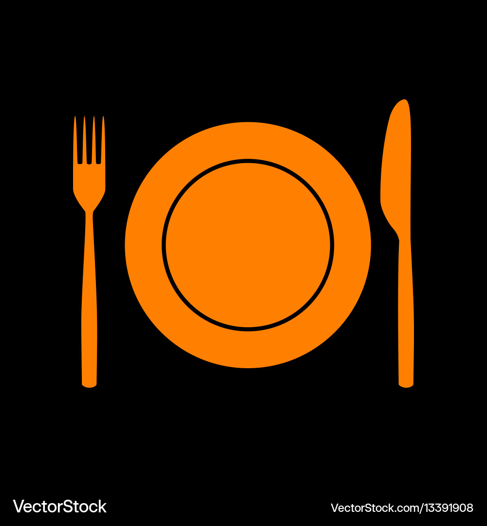 Fork knife and plate sign orange icon on black Vector Image