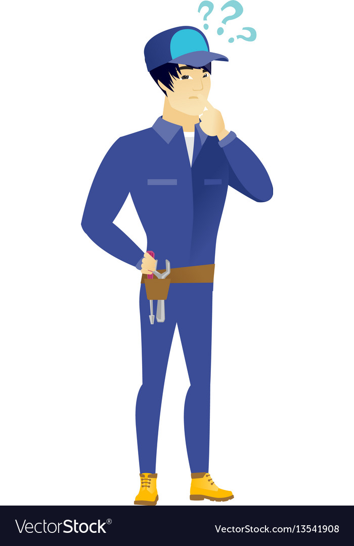 Thinking mechanic with question marks Royalty Free Vector