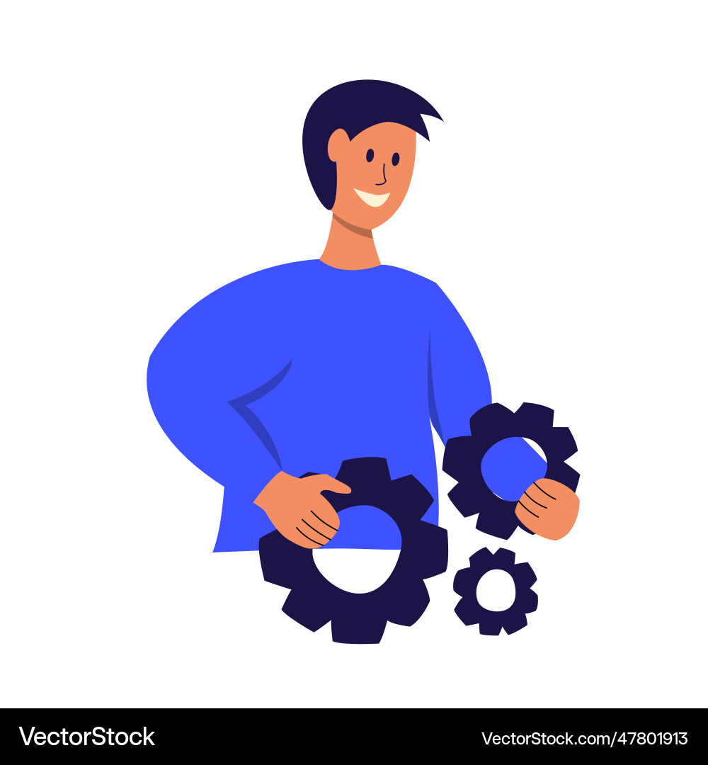 Man holds gears in his hand Royalty Free Vector Image