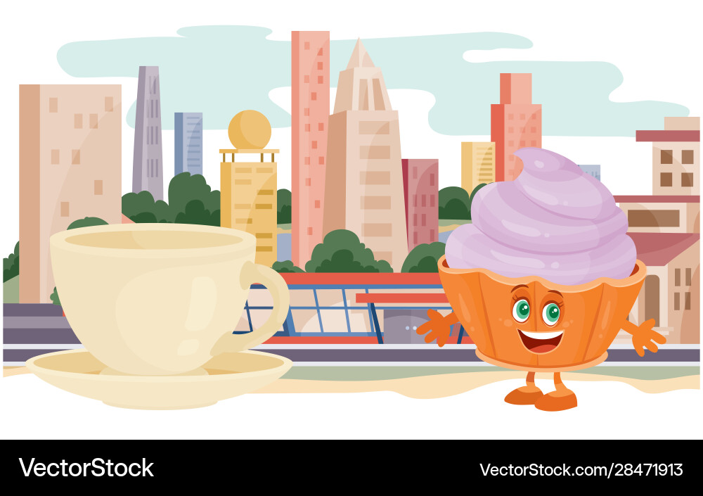 Muffin character and a mug with a drink Royalty Free Vector