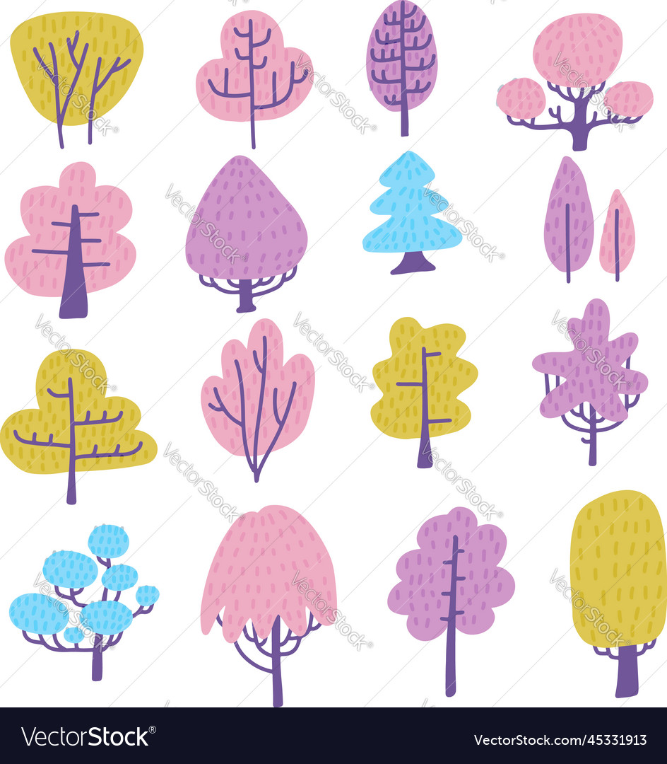 Set of cartoon doodle trees beautiful hand drawn Vector Image