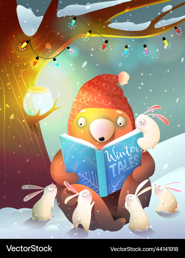 Bear reading book to rabbits winter forest night Vector Image