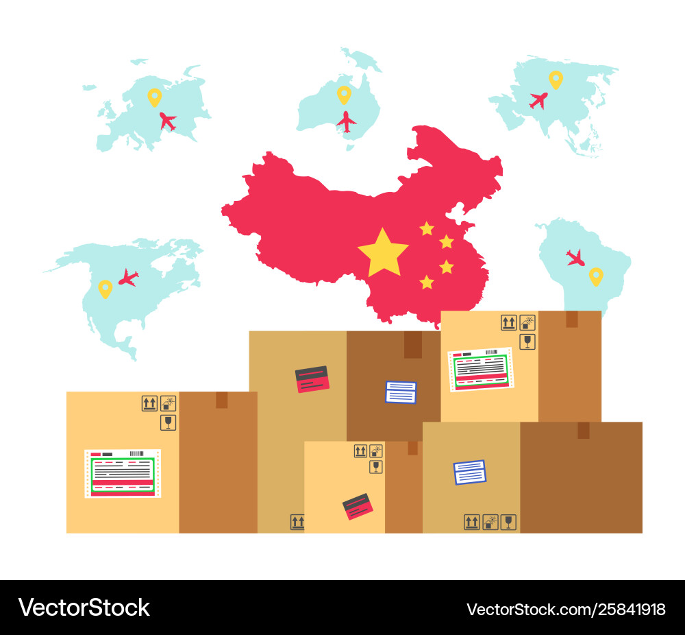China map with flag and production in parcels Vector Image