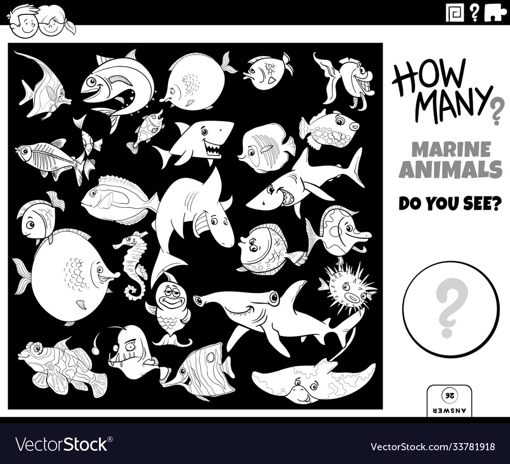 Counting sea animals educational game coloring Vector Image