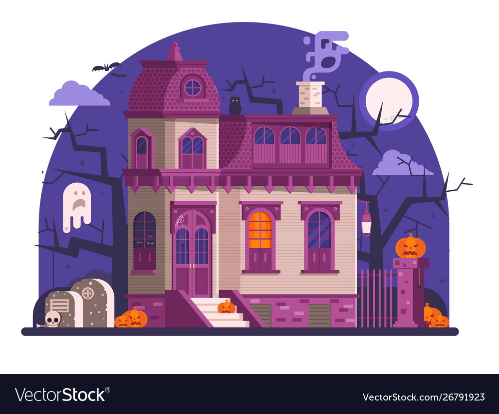 Haunted halloween ghost house scene in flat Vector Image