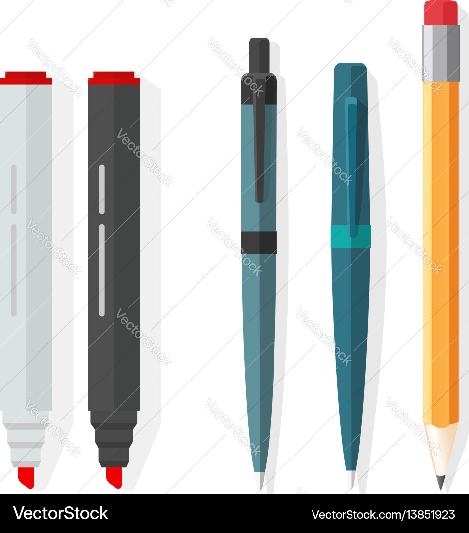 Pens pencils markers dot biro pen Royalty Free Vector Image