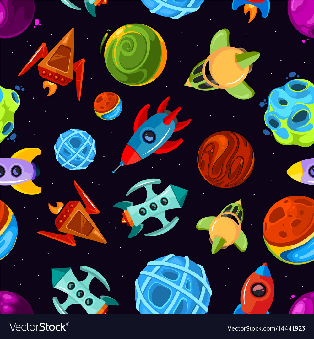 Space seamless pattern with spaceships Royalty Free Vector