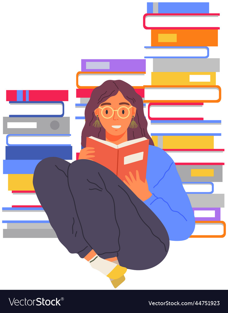 Young woman reads book sitting in library leisure Vector Image Young woman reads book sitting in library leisure Vector Image