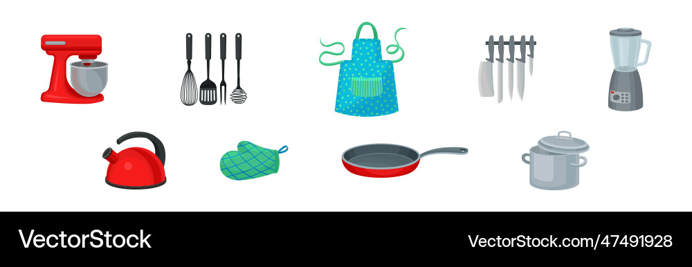 Kitchenware and utensils with pot apron blender Vector Image