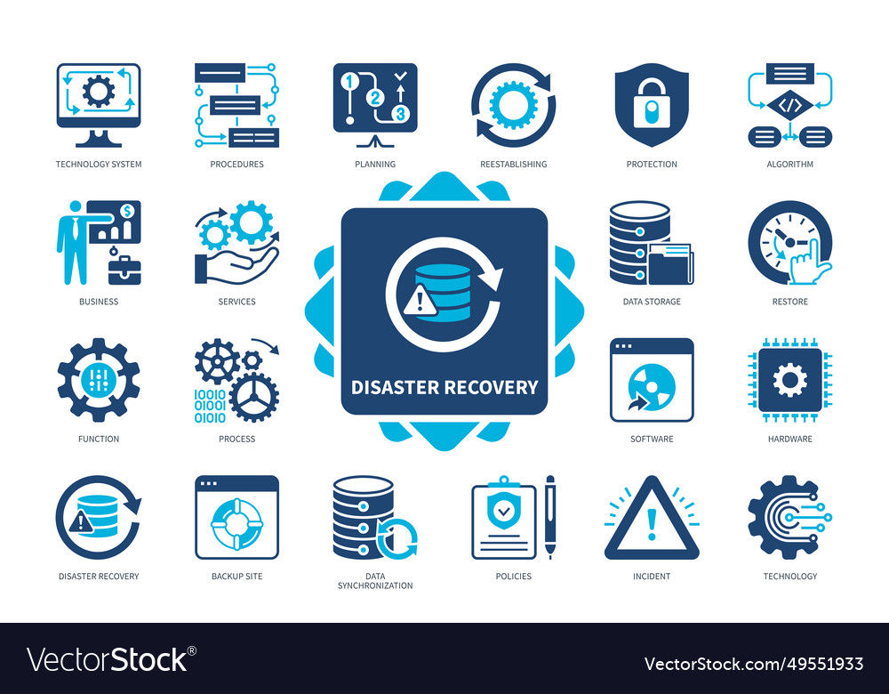 Disaster recovery solid icon set Royalty Free Vector Image