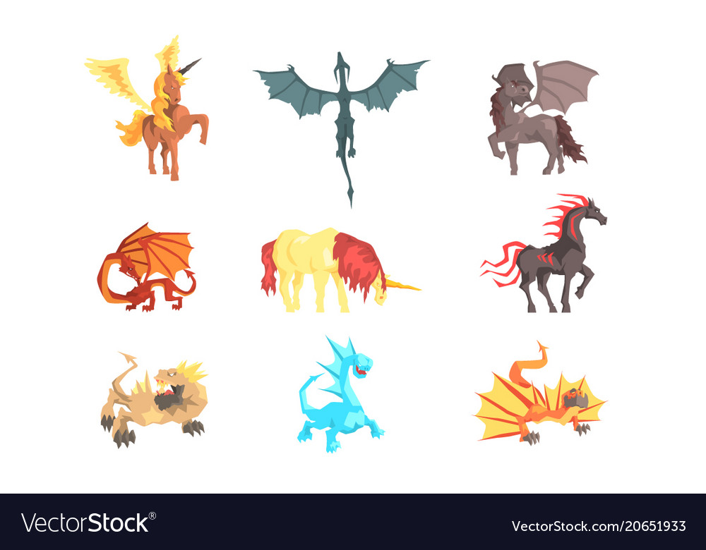 Mythical and fantastic creatures set for label Vector Image