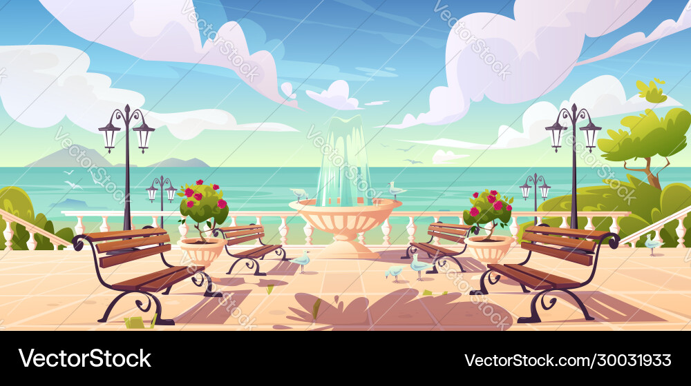 Summer seafront with fountain and benches Vector Image