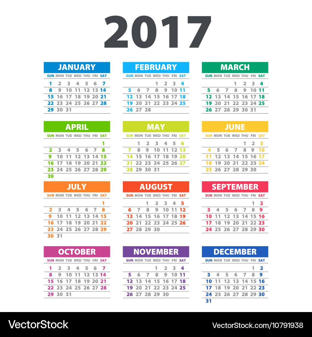 2017 calendar - template of color Royalty Free Vector Image