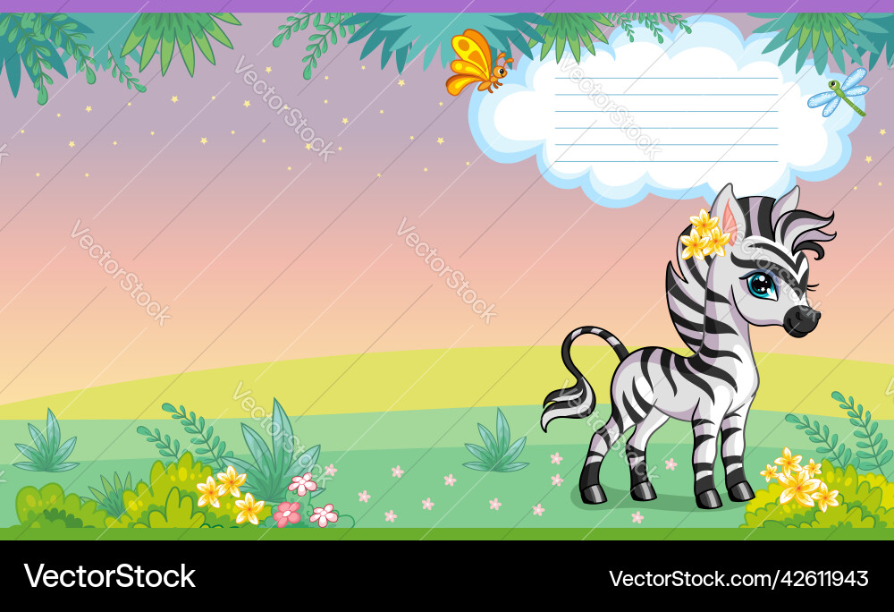 Cover for notebook with cute zebra in jungle Vector Image