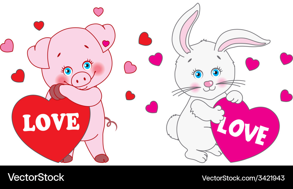 Pig and rabbit holding a heart characters Vector Image
