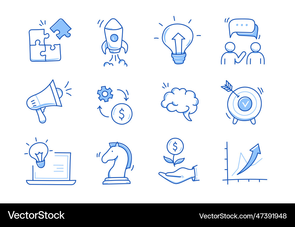 Business idea startup doodle line icon set hand Vector Image