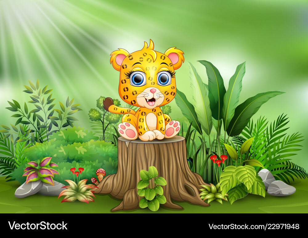 Cartoon a baby leopard sitting on tree stump Vector Image