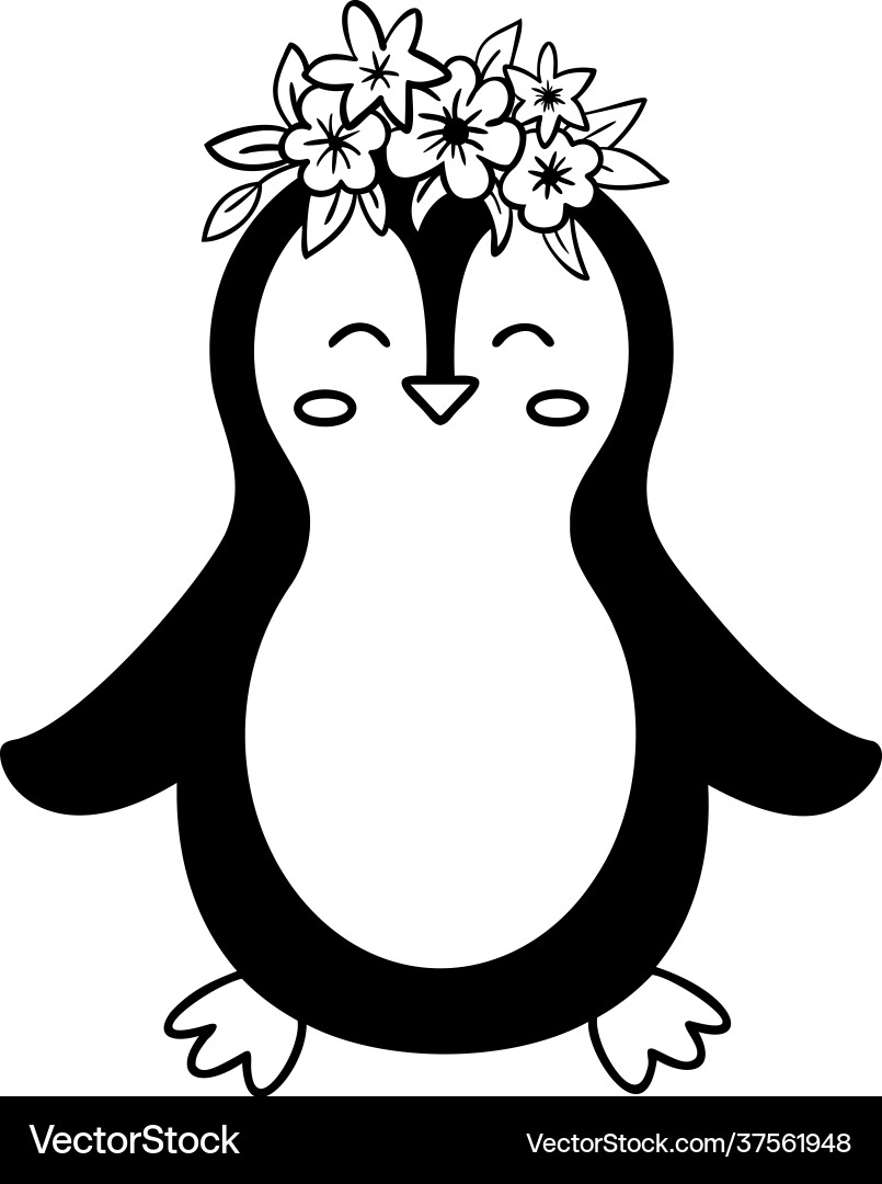 Cute penguin with flowers on his head Royalty Free Vector
