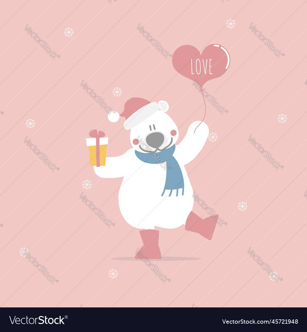 Cute polar bear holding heart balloon and gift Vector Image