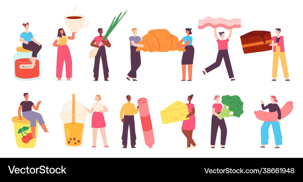 Tiny characters with food people with grocery Vector Image